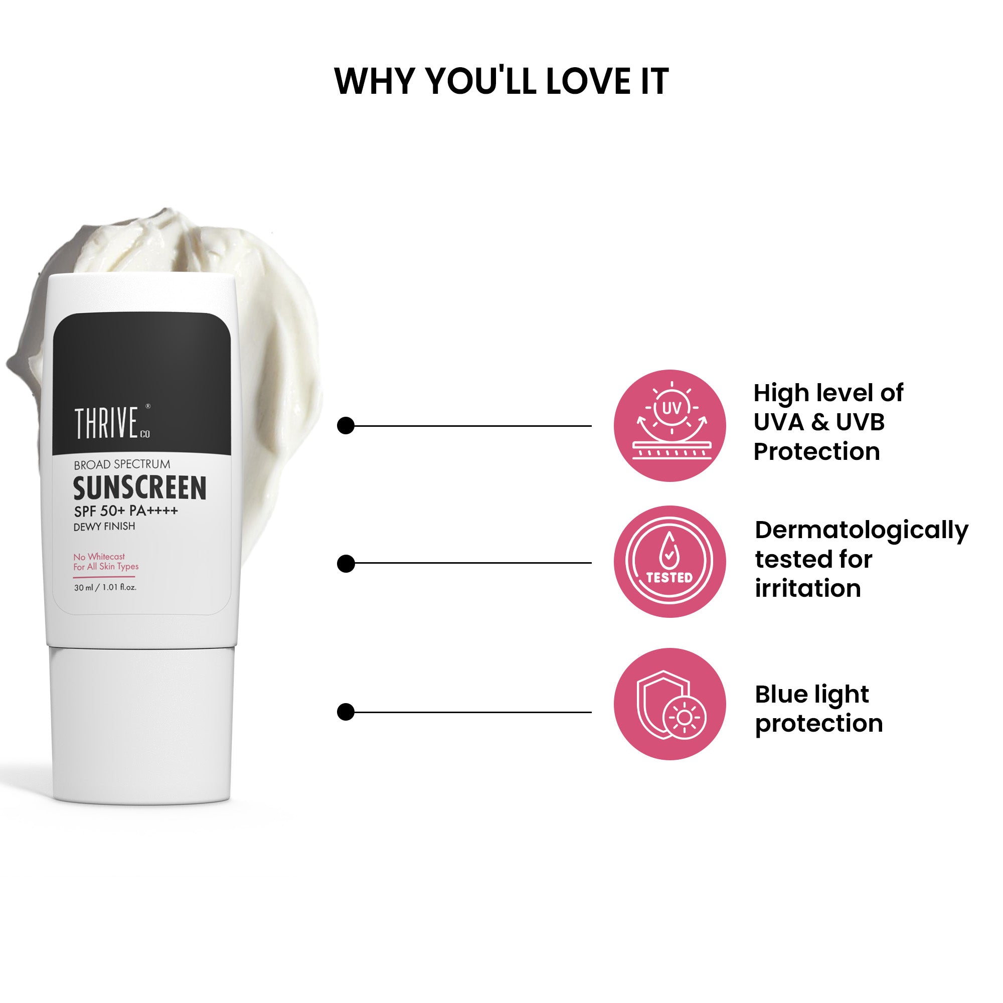 ThriveCo Broad Spectrum Sunscreen SPF 50+ PA++++, 30ml with UV Protect